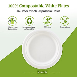 ECOLipak 9 inch 150 Pack Compostable Paper Plates, Heavy Duty Disposable Biodegradable Eco-friendly Sugarcane Bagasse Plates for Party Dinner