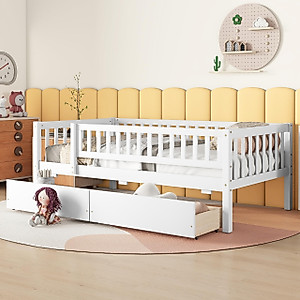 Harper & Bright Designs Twin Size Daybed with Two Drawers, Wood Kids Twin Platform Bed Frame with Storage and Rails, No Box Spring Needed, Easy Assembly (Twin Size, White)