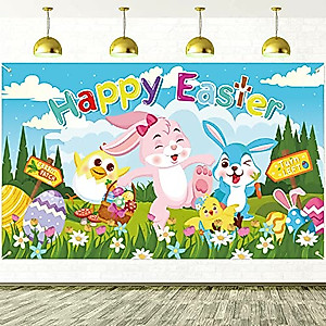 HOWAF Large Fabric Easter Party Decorations, Happy Easter Egg Bunny Hunt Banner and Chick Sign Easter Hunt Game Banner Poster for Photo Booth Backdrop with Rope for Spring Easter Party Supplies