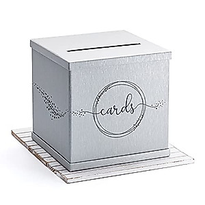 Hayley Cherie - Silver Gift Card Box with Black Foil Design- Textured Finish - Large Size 10" x 10" - For Wedding Receptions, Bridal & Baby Showers, Birthdays, Graduations, Funerals, Money