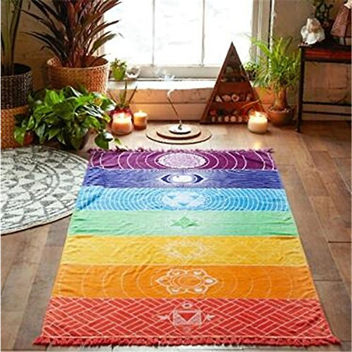 Yoga Mat Tapestry Rainbow 7 Chakra Stripes Beach Towel Summer Wall Hanging Mandala Blanket Travel Sunscreen Shawl Hippy Boho