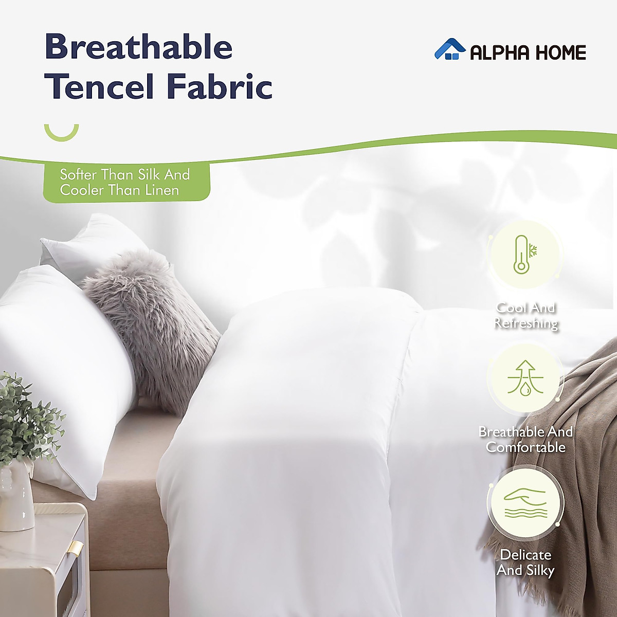 ALPHA HOME Duvet Cover Set King Size, 100% Tencel Lyocell, Luxury and Silky Soft Bedding Cover Set Cooling Duvet Cover Set for Hot Sleepers (1 Duvet Cover, 2 Pillowcases)