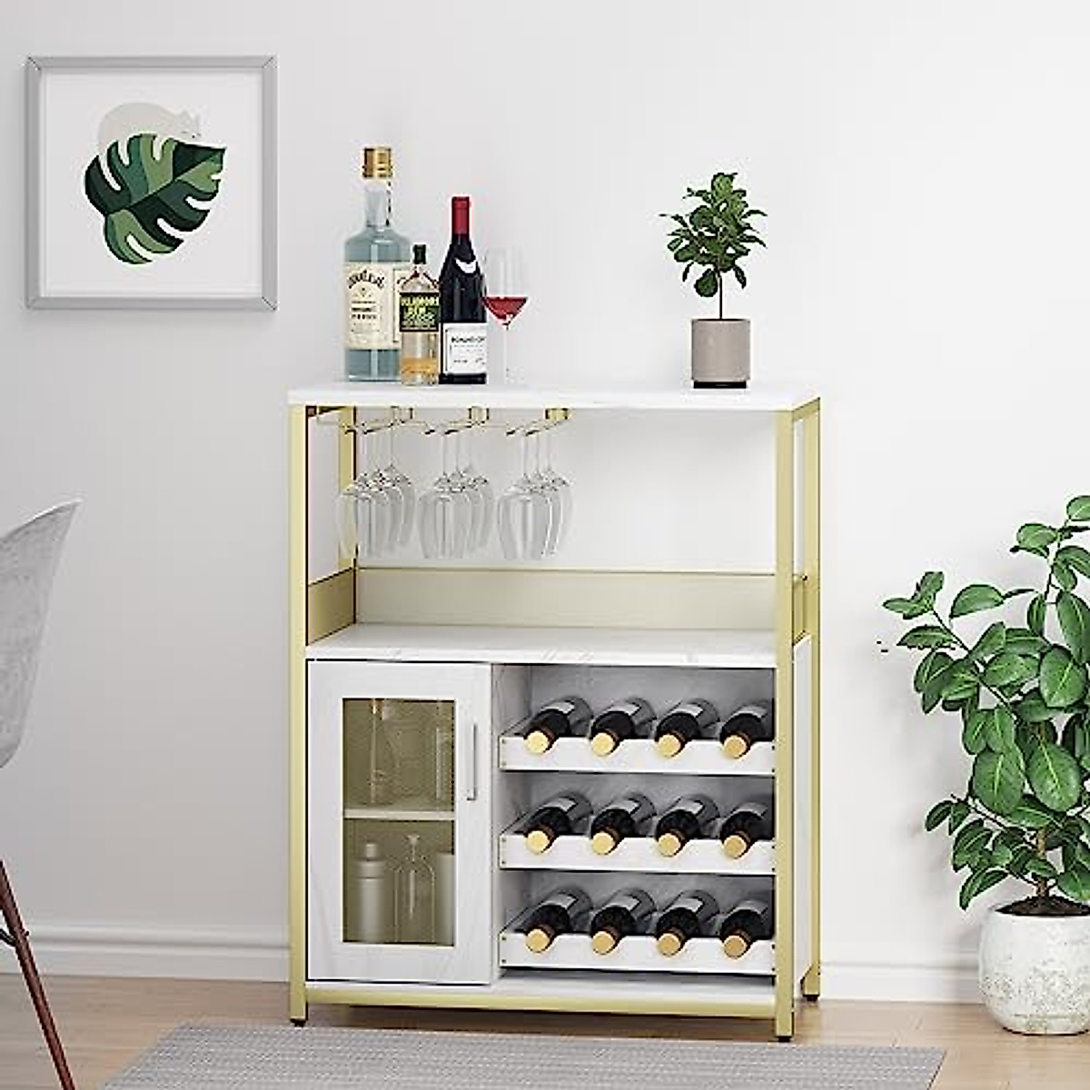 GAOMON Wine Bar Cabinet with Removable Wine Racks and 1 Drawer,Bar Cabinet with Glass Holder and Mesh Door for Liquor and Glasses(Gold)
