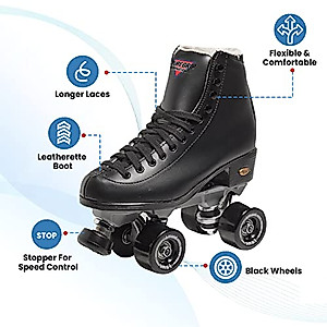Sure Grip Fame Men & Women Premium Roller Skates Black Leatherette | Stylish Skates for Indoors - Double Structure, Stronger Grip, Extra Long Laces - Suitable for Beginners