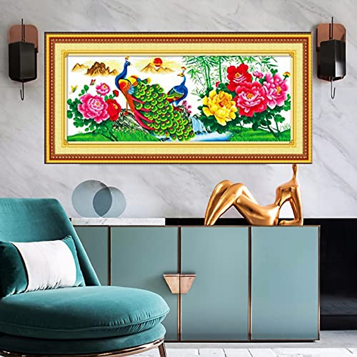 Dimensean Cross Stitch Kits, Stamped Cross Stitch Kits for Adults Beginners,Full Range of Cross-Stitch Stamped Kits Needlecrafts Embroidery Kits 11CT-Auspicious Peacock 31.5x47.2 inch