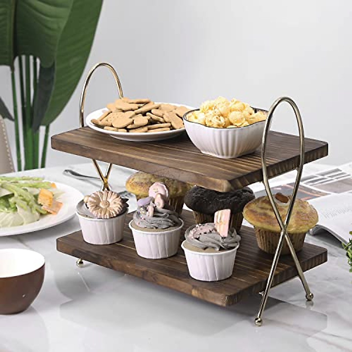 MyGift 2 Tier Burnt Wood and Brass Metal Server Cupcake Holder Stand, Dessert and Appetizer Tower, Buffet Serving Riser Display