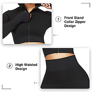 JOYMODE Women's Workout Sets 2 Piece Seamless Textured High Waist Legging Crop Top Gym, 2 Piece-black, Medium