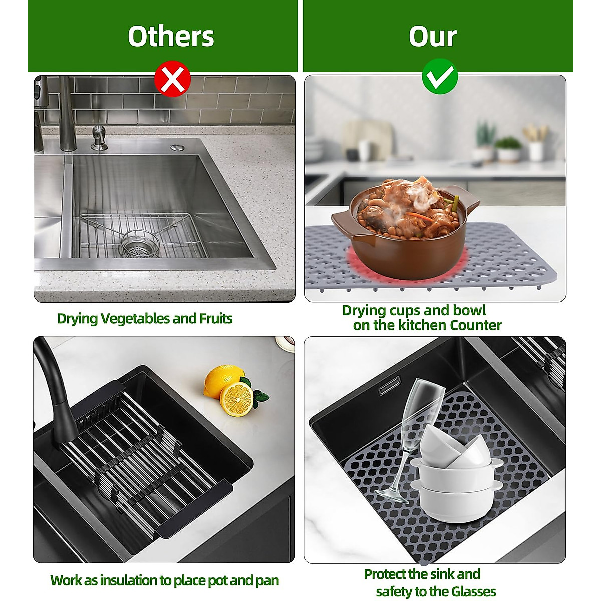 Sink Protectors for Kitchen Sink, 2PCS Kitchen Sink Mats Silicone Sink Protector, Sink Mats Grid for Kitchen Bottom of Farmhouse Stainless Steel Porcelain Sink 13.58 ''x 11.6 ''