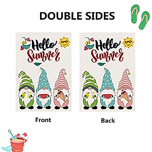 Hello Summer Garden Flags, Welcome Gnomes Buffalo Plaid Vertical Double Sized Burlap Flag for House Yard Outdoor Decor 12.5 x 18 Inch (Multi)