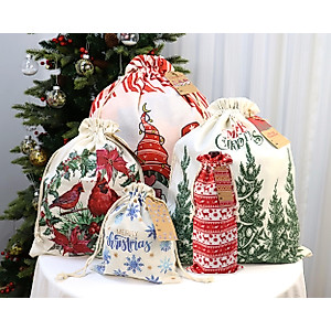 POPGIFTU Christmas Canvas Gift Bags with Drawstring, 12 PCs Christmas Santa Sack, Reusable Cotton Xmas Sack Cloth Bag for Xmas Package Storage, Christmas Party Supplies Favors