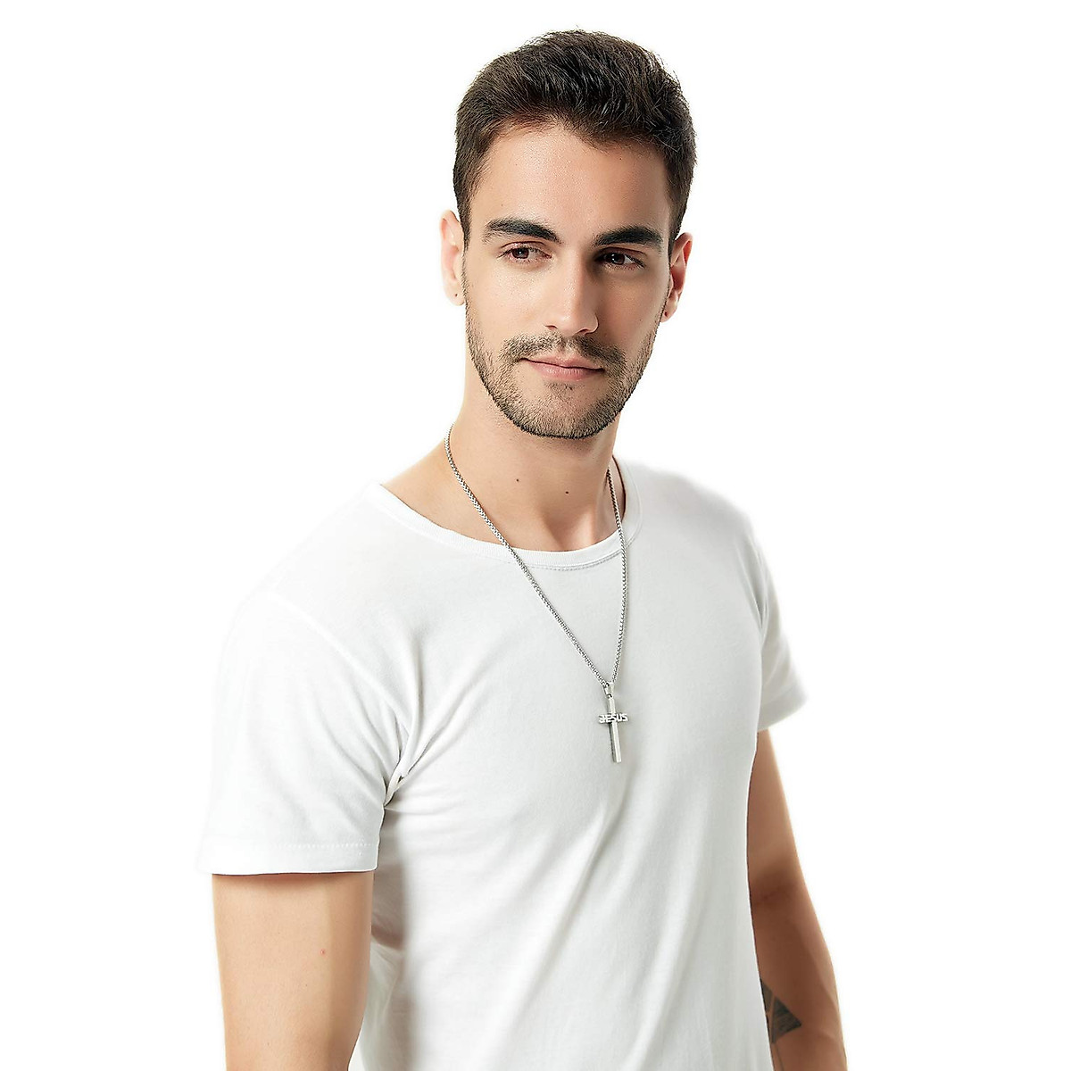 REVEMCN Stainless Steel Jesus Cross Pendant Necklace for Men Women 20-24 Inches Rolo Chain Christian Gifts for Men Faith