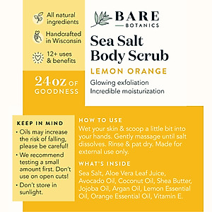 Bare Botanics Lemon Orange Body Scrub 24oz | Made in Madison, WI | All Natural Sea Salt Exfoliator w/ Skin Loving Moisturizers | Vegan & Cruelty Free | Gift Ready Packaging w/ a Cute Wooden Spoon