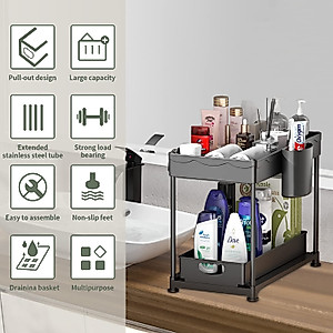 Under Sink Organizer and Storage, 2 Tier Pull Out Bathroom Cabinet Organizer, Bathroom Organizer Under Sink Basket with Hooks and Hanging Cups, Kitchen Bathroom Multipurpose Storage Rack(Black, 2)