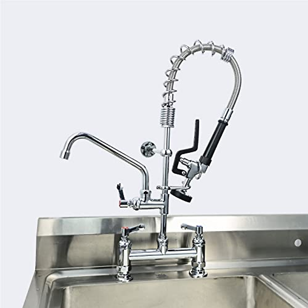 MaxSen Commercial Sink Faucet with Sprayer 8 Inch Center Deck Mount Pre Rinse Faucet 25 Inch Height Restaurant Kitchen Faucet Polished Chrome with Pot Filling and 8 Inch Add On Spout.