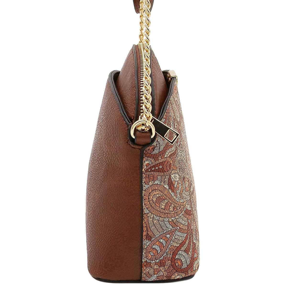 FashionPuzzle Paisley Print Small Dome Crossbody with Chain Strap (Brown/Brown)