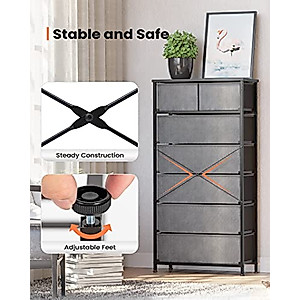 Pellebant Dresser for Bedroom with 7 Drawers, Tall Dresser Vertical Storage Tower, Sturdy Metal Frame, Fabric Storage Bins with Wooden Handle and Wooden Top, Organizer Unit for Closet/Hallway, Grey