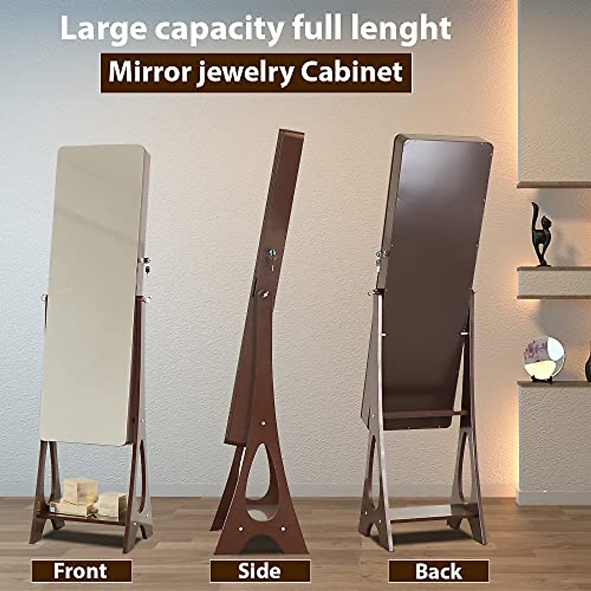 MASMIRE Standing jewelry Armoire organizer,Full Length mirror with storage (Brown, 63 * 14.5)