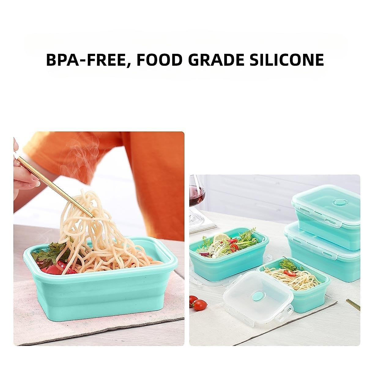 Collapsible Silicone Food Storage Containers with Lids, Set of 4 Rectangle Bowls for Travel Camping Organization, Flat Box Stacks, RV Kitchen Accessories Must Haves, BPA Free, Microwavable, Blue