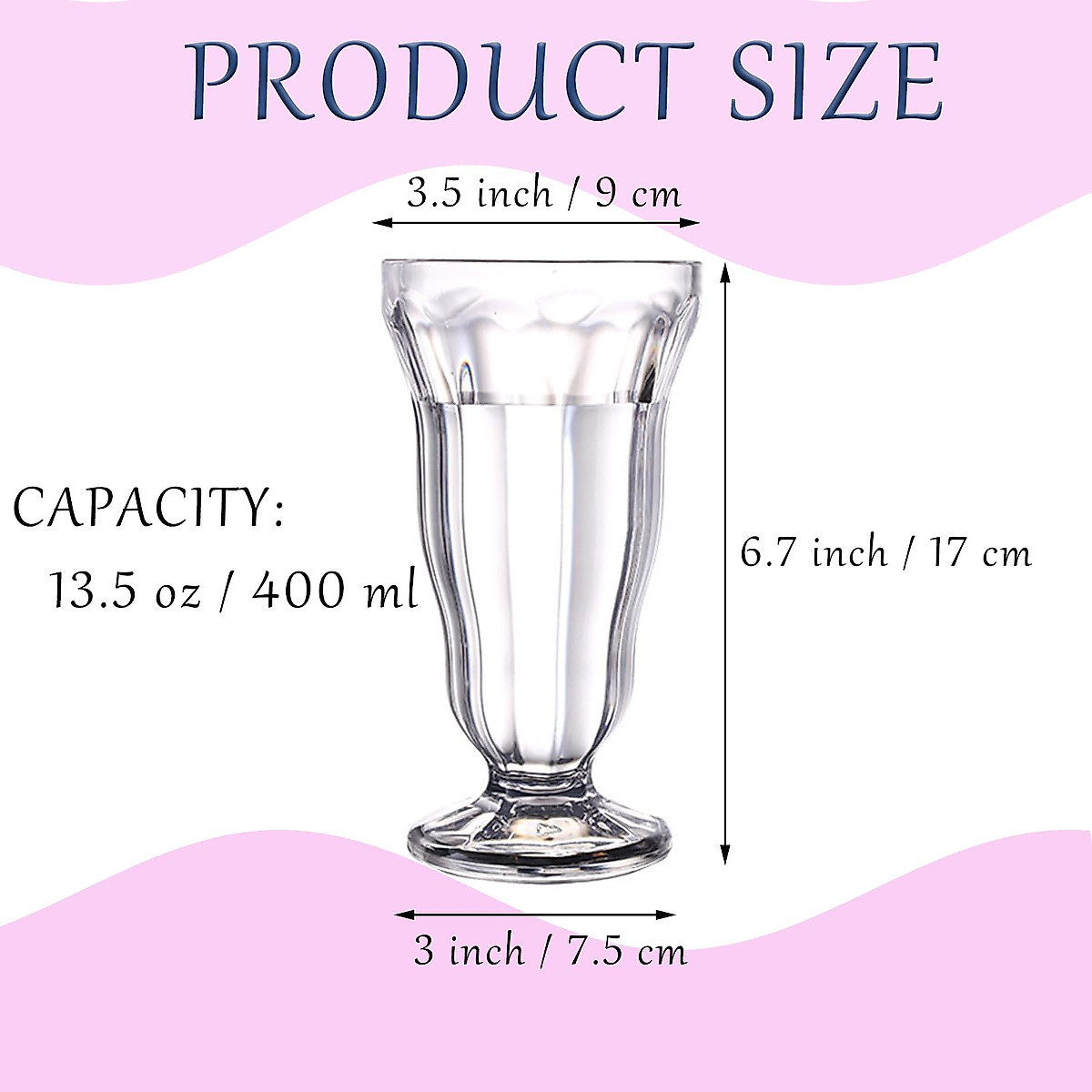 Cheardia 6 Pack Plastic Milkshake Glasses, 13.5 oz Old Fashioned Soda Glass Footed Ice Cream Cups, Clear Pina Colada Fountain Glasses Milkshake Cups for Sundae, Juice, Tropical Drinks, Party