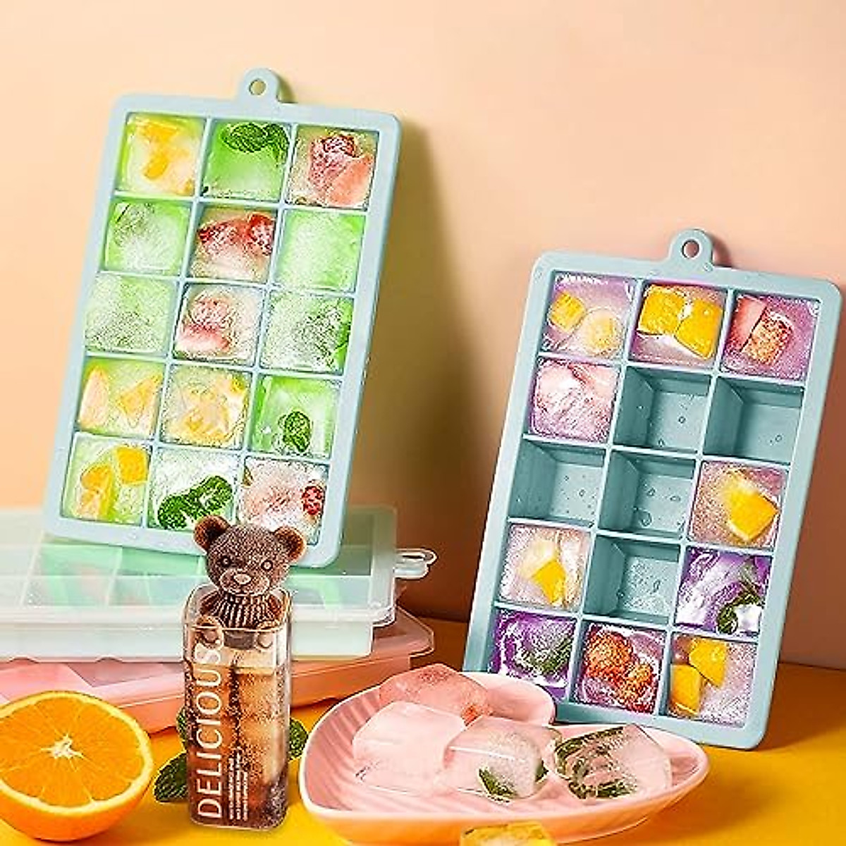 Ice Cube Trays 2 Pack, with Bear Ice Cube Mold and Removable Lid, Silicone Ice Cube Mold Easy-Release Flexible 15-cube Ice Trays and 24-cube Ice Trays for Whiskey, Cocktails