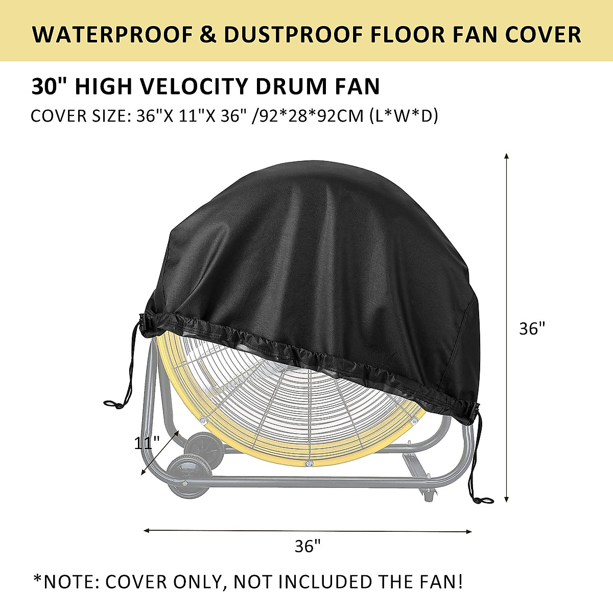 KINPEE Industrial Fan Cover, Waterproof & Dustproof Cover for 30" High Velocity Movement Heavy Duty Drum Fan, Heavy Duty Outdoor Floor Fan Cover, 600D Oxford Fabric, Fits up to 36x11x36 inches(Black)