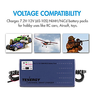 Tenergy RC Battery Charger for NiMH/NiCd 7.2V-12V 6S-10S Battery Packs, Smart Charger for RC Cars, RC Airplanes, Airsoft Batteries, Compatible with Standard Tamiya/Mini Tamiya/Alligator Clip Connector