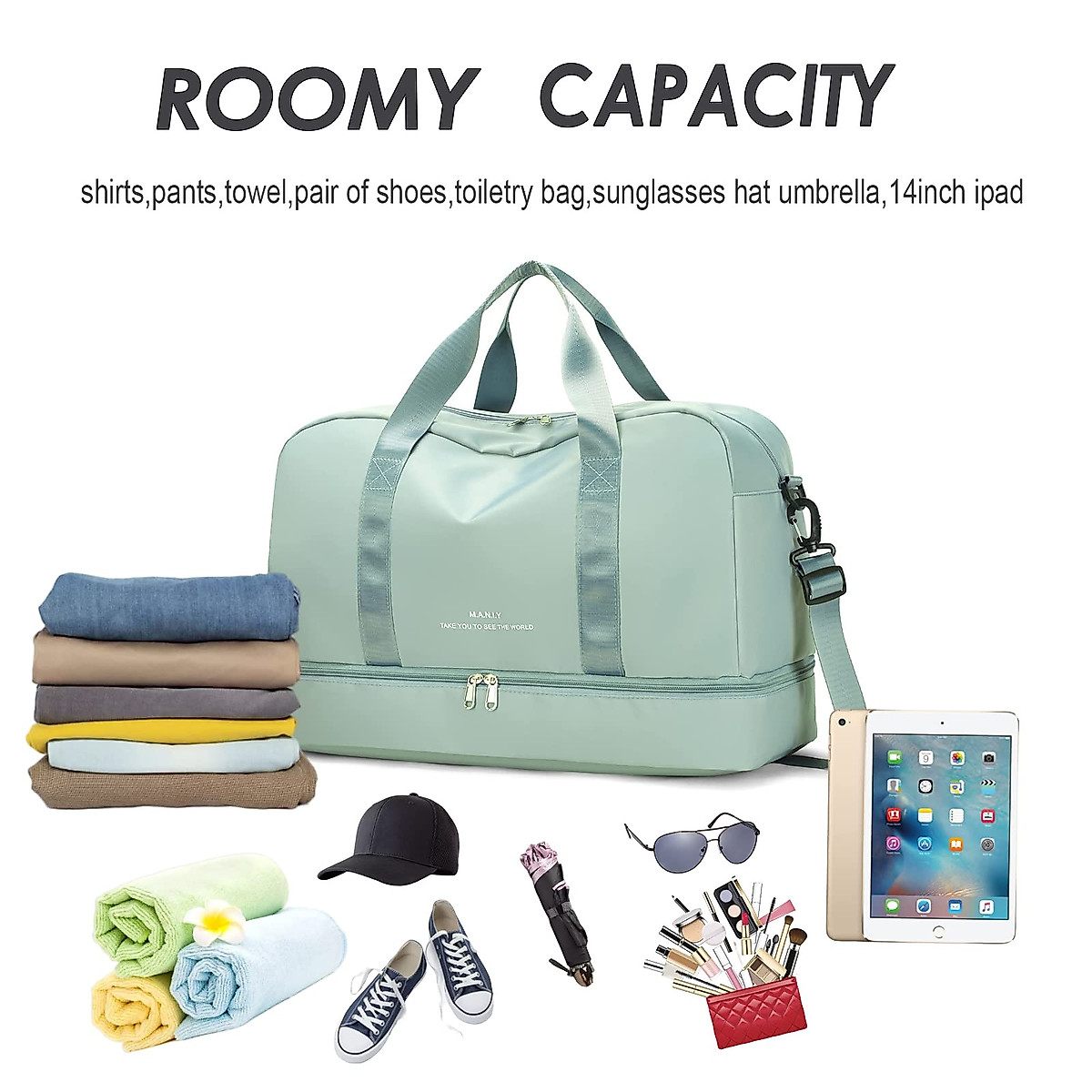 Travel Gym Tote Bag for Women,Duffle Carry On Bag,Weekender Overnight Bags for Women Large Tote Sport Bag for Women with Dry Wet Pocket,Green