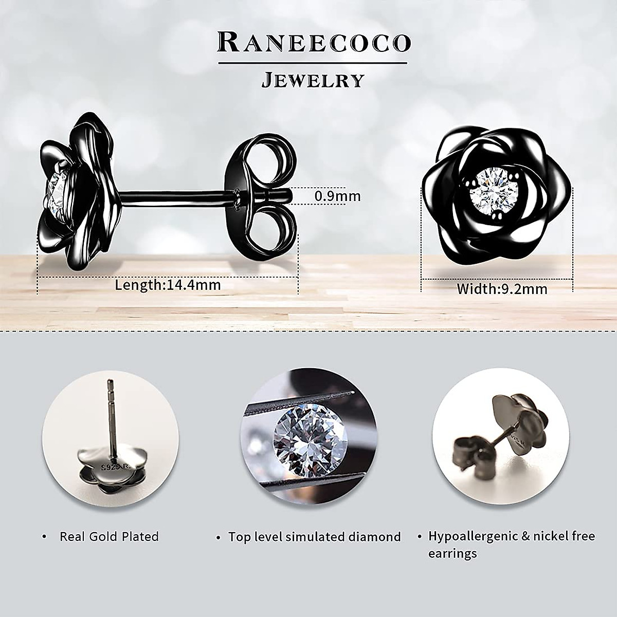 Black Gold Plated Sterling Silver Rose Flower Earring Studs, Hypoallergenic & Nickel Free Earrings for Women