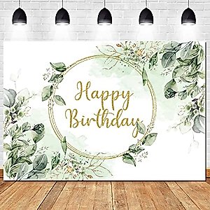 Greenery Succulent and Eucalyptus Leaves Photography Backdrop Bloom Eucalyptus Leaves Photo Background for Happy Birthday Party Decoration Cake Table Banner Supplies 7x5ft