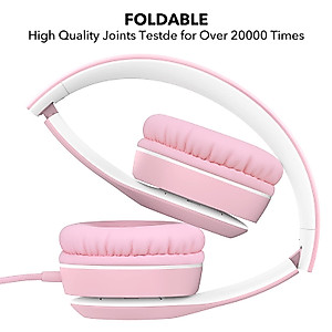RORSOU K5 Kids Headphones with Microphone for shchool, Volume Limiter 85/94dB, Foldable Stereo Tangle-Free 3.5mm Jack Wired Cord On-Ear Headphones for Children/Boys/Girls/Kindle/Tablet/MP3/4 (Pink)