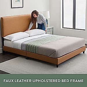 Edenbrook Platform Bed with Headboard – No Box Spring Needed – Faux Leather Upholstered Platform Bed Frame – Low Profile, Queen, Camel