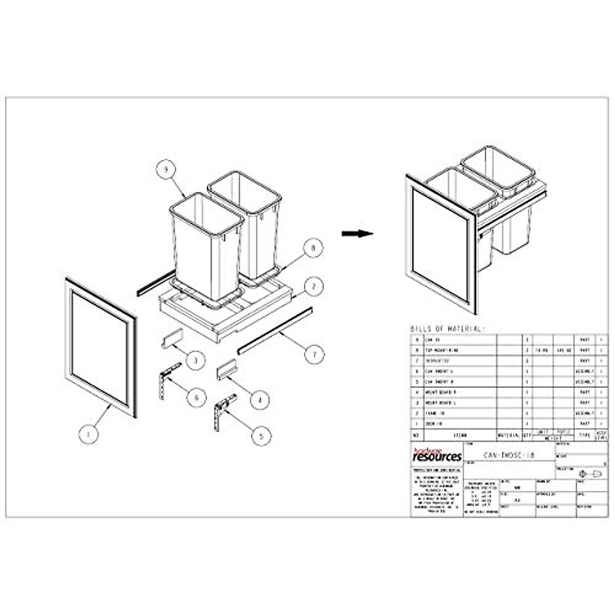 Hardware Resources Pull Out Trash Container System - Top-Mount Garbage Basket Sliders with Mounting Rings - White Birch Wood Face Frame Cabinet, Soft Close Extension - Capacity: 100lbs, 18" Double Can