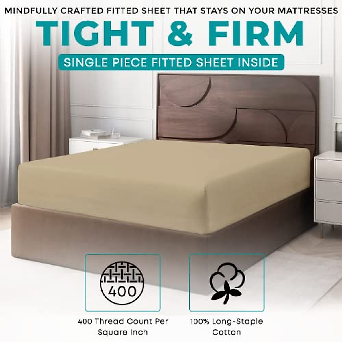 Feather & Stitch 100% Cotton King Size Fitted Sheet, 400TC Sateen Weave Bottom Shee, 17" Elastic Deep Pocket Breathable Durable Sheet|Hotel Luxury Decor|Beige