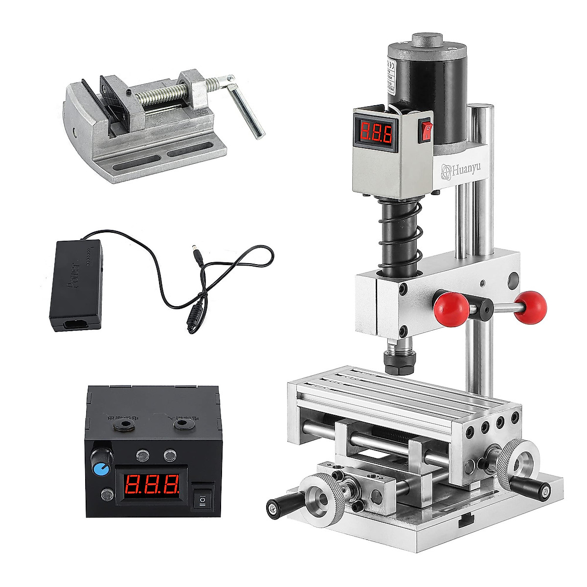 Huanyu Mini Drill Press Electric Benchtop Drilling Machine Drilling Tapping Slot Milling 3 in 1 Micro Drilling Tool 1.2” Drill Depth with Drill Chuck Compound Drilling Slide Table for Wood Aluminum