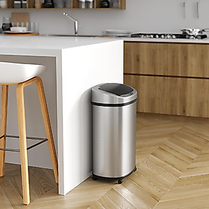 SensorCan Glide 13 Gallon Rolling Sensor Kitchen Trash Can with Lid and Wheels, Odor Filter, Stainless Steel Automatic Kitchen Trashcan Home Office Bedroom Living Room Garage Wastebasket Garbage Bin