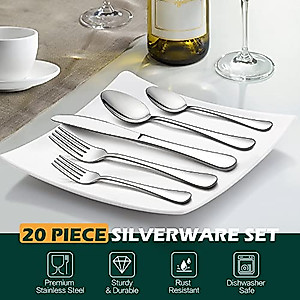 LIANYU 20 Piece Silverware Flatware Cutlery Set, Stainless Steel Utensils Service for 4, Include Knife Fork Spoon, Mirror Polished, Dishwasher Safe