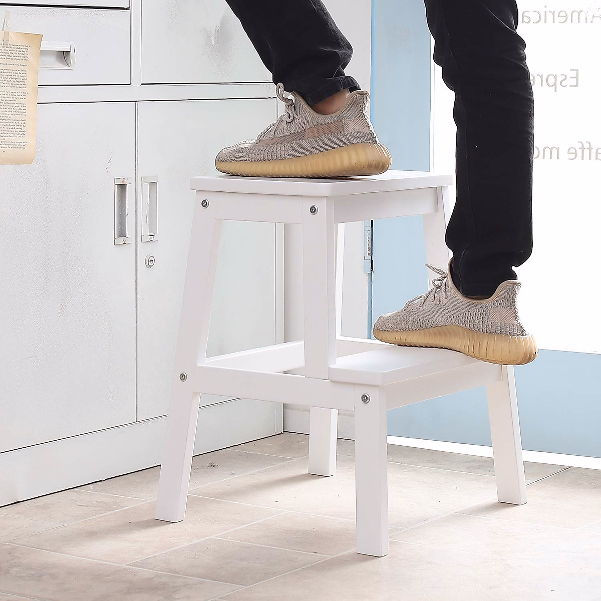 HOUCHICS Step Stools for Adults, Wooden Step Stool with 400 lb, Wood Step Stool, Adults Step Stool, Step Stool for Bedside, Step Helper for Kitchen,Bathroom,Bedroom (White)