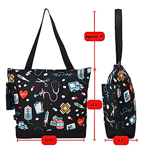 NGIL Medium Top Zipper Closure Canvas Tote Bag with Attached Matching Coin Purse For Moms and Nurses (Nurse Print-Black)