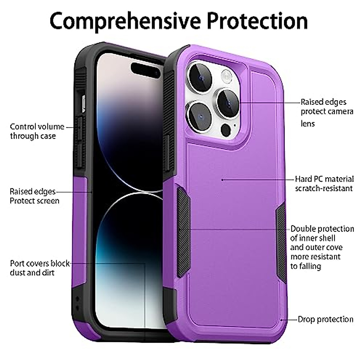 Oumida for iPhone 14 Pro Case, [with 2 pcs Tempered Glass Screen Protector] [Shockproof] Dual Layer Back Hardshell Rugged Tough Full Body Protective Cell Phone Cover Case for 14 Pro (Purple)