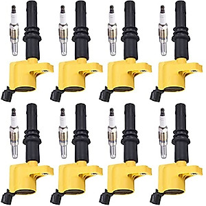 ENA 8 Yellow Ignition Coil Pack and Platinum Spark Plug Set Compatible with Lincoln Ford Expedition F150 F250 F350 F450 F550 Super Duty Mark Navigator 5.4L 6.8L Replacement for FD508 SP515 SP546 DG511