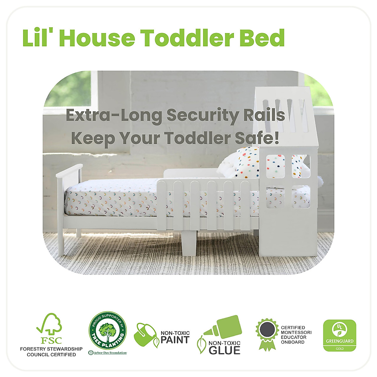 Little Partners Lil' House Toddler Bed - House Bed Design for Kids Bedroom Furniture - Children's Toddler Bed with Guard Rails, Low to Ground Modern Clean Design with Solid Wood (Soft White)