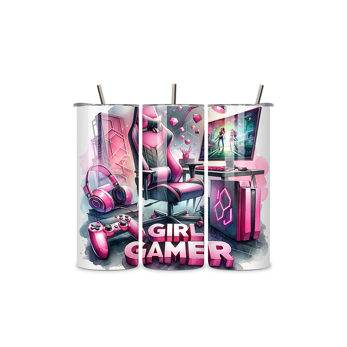 Girl Gamer 20oz Skinny Tumbler with Metal Straw – Pink Gaming Setup Design with Controller and Headset – Double-Walled Insulated Stainless Steel Tumbler for Hot & Cold Drinks (Darker)