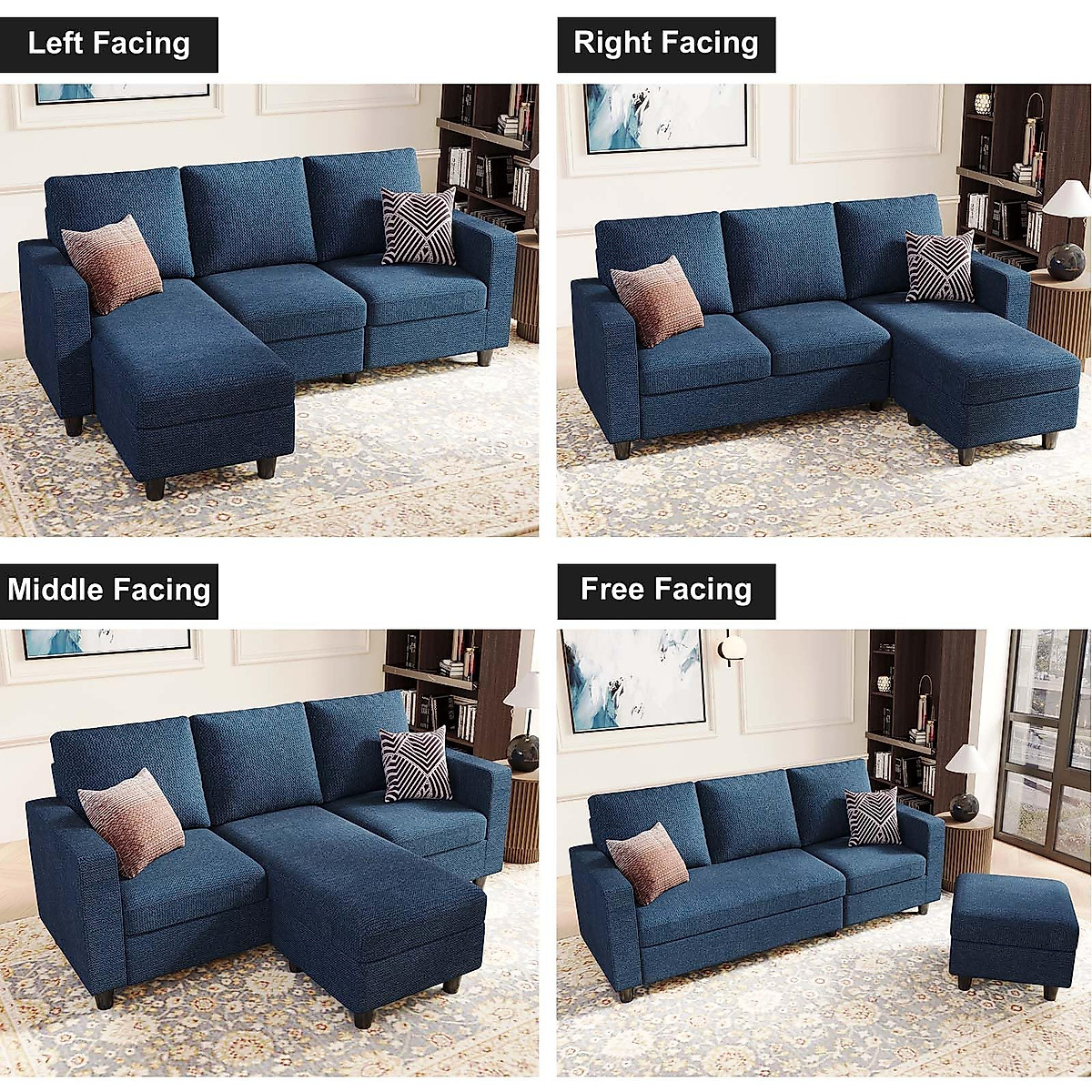Belffin Convertible Sectional Sofa, L Shaped Modern Couch, Small Couch with Reversible Chaise for Living Room and Small Space, Navy Blue