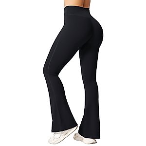 BOOVET Women's Flare Yoga Pants with Pockets Crossover High Waisted Bootcut Flare Yoga Leggings Tummy Control Workout Pants Black