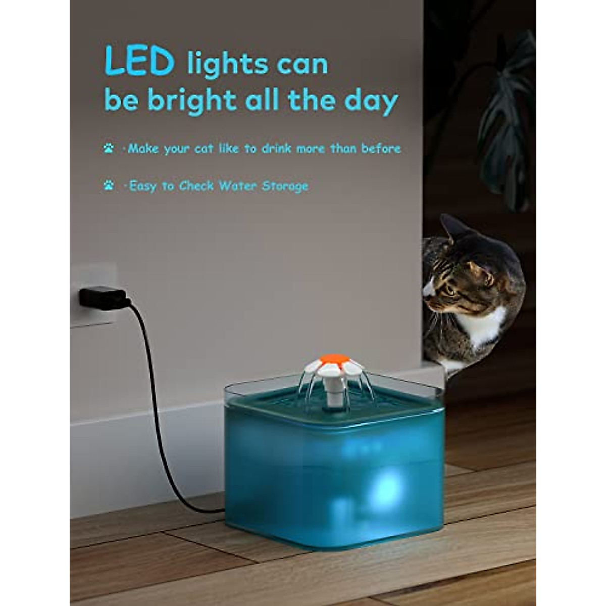 AONBOY Cat Water Fountain, Ultra Silent Cat Fountain 67oz/2L, with LED Light, Activated Carbon Filter, Pet Water Fountain for Cats and Small Dogs