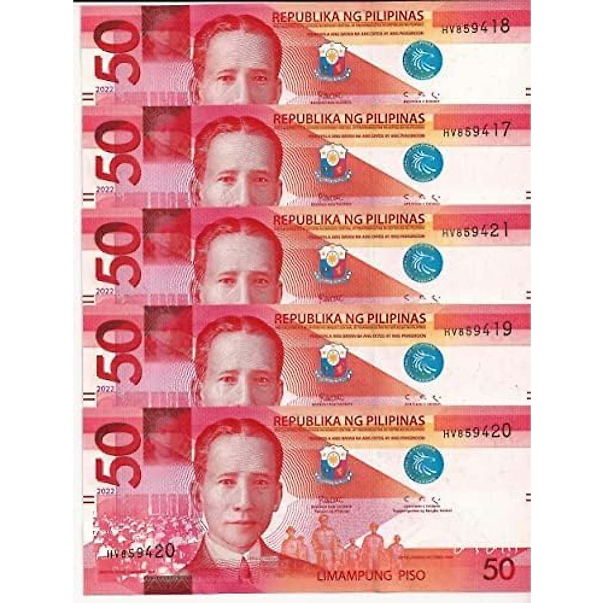 50 PHP Philippine pesos 5 x 50 NGC (New Style) Crisp uncirculated Bills Currency
