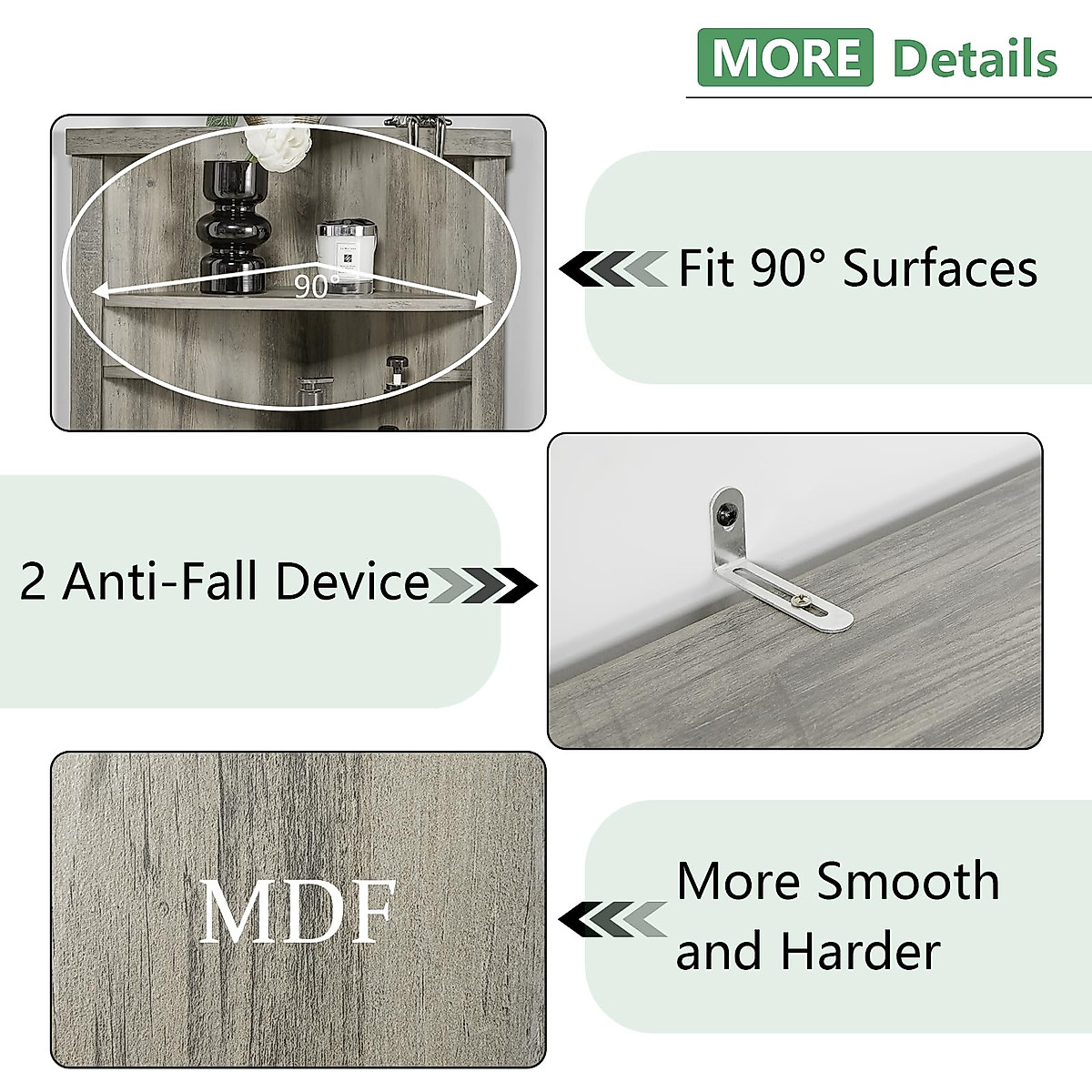 AMERLIFE Curved Corner Storage Cabinet, 65" Tall Freestanding Bookcase with Glass Doors & Adjustable Shelves, 5-Tier Corner Display Cabinet for Living Room, Bathroom, Laundry Room, Washed grey