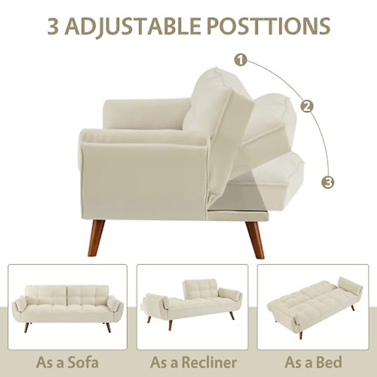 Fangflower Convertible Sofa Bed, Velvet Fabric Adjustable Backrest Sleeper Futon Loveseat with Tapered Wood Legs for Living Room, Bedroom, Apartment Lounge, Garage