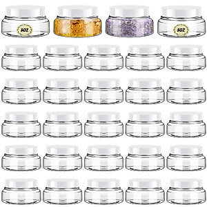 Tessco 24 Pack Plastic Jars with Lids Labels Empty Clear Plastic Jars Round Refillable Cosmetic Containers Body Butter Containers Bulk Sugar Scrub Bottle for Make Up(5 oz,White)