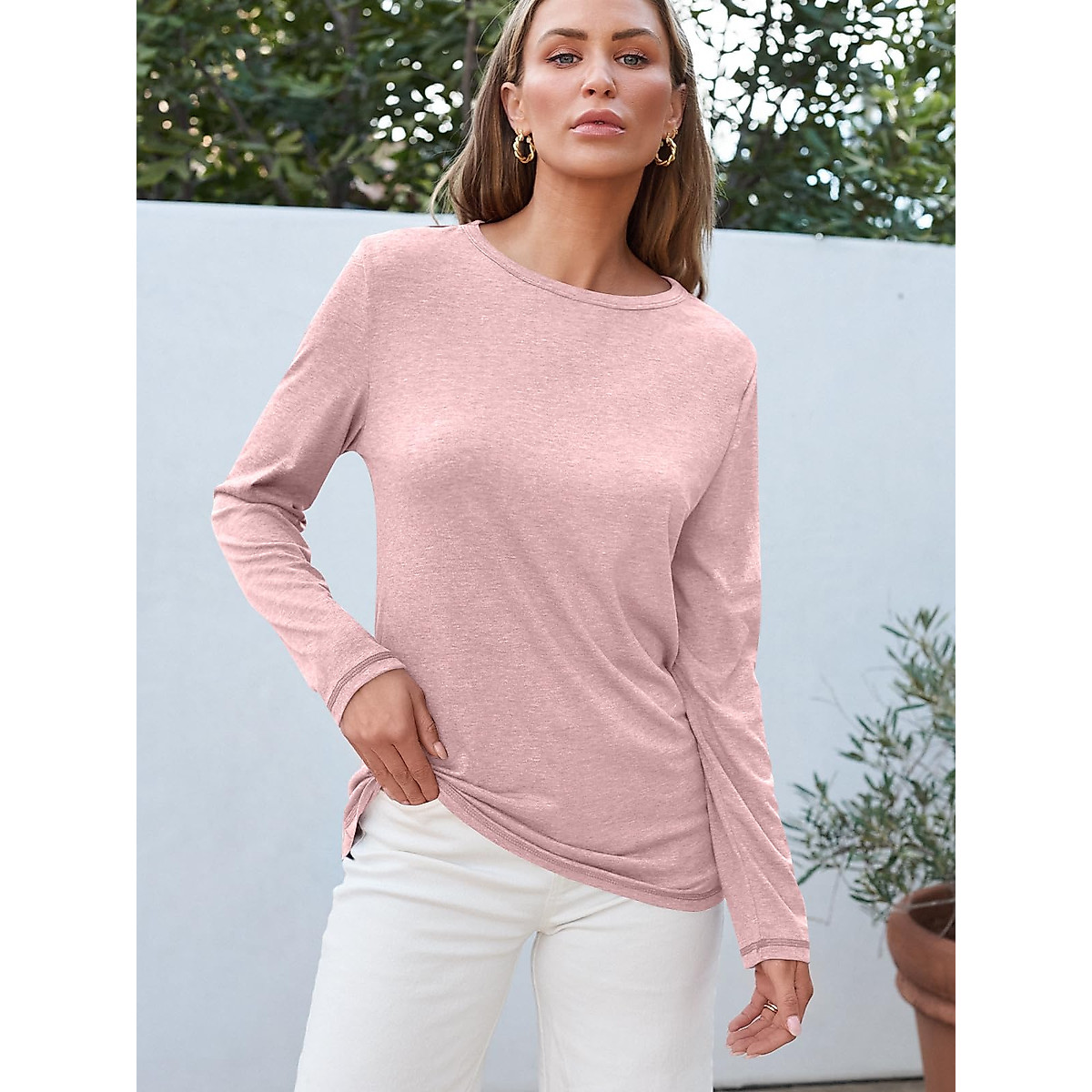 AUTOMET Spring Tops Womens Long Sleeve Shirts Workout Plus Size Tees Fall Outfits Clothes 2025 01pink L